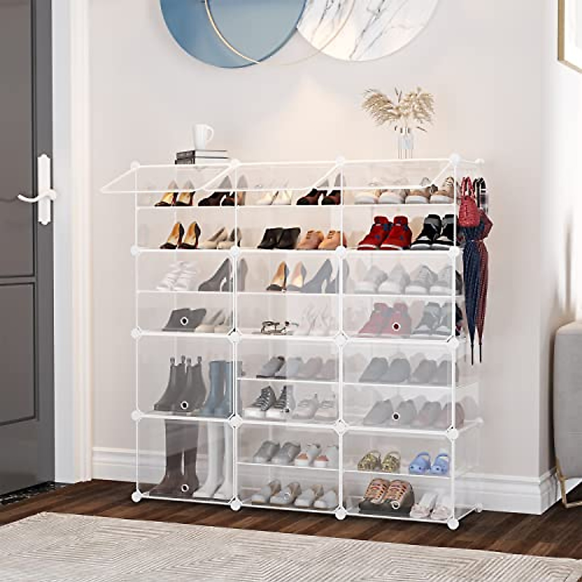 KUSARKO Shoe Rack Organizer, 8 Tier Shoes Storage Cabinet, 24 Pair Clear Plastic Shoe Expandable Organizer for Hallway Bedroom Entryway Heels Boots Sneaker, Stackable Shoe Box