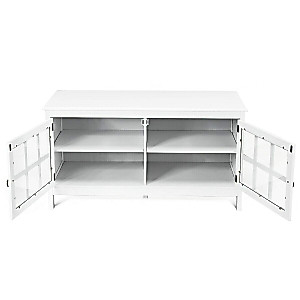 White 50" TV Stand Unit Entertainment Media Console Cabinet 2 Glass Doors 4 Storage Shelves 5 Support Legs Home Office Living Room Bedroom Family Room Furniture Interior Décor Sturdy Durable