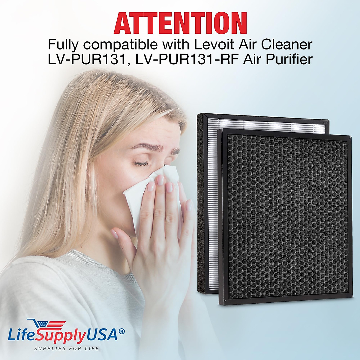 True HEPA Air Cleaner Filter Replacement Set + Activated Carbon Pre-Filter Compatible with Levoit Air Cleaner LV-PUR131, LV-PUR131-RF by LifeSupplyUSA