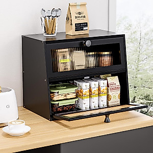 JUATPNIY Bread Boxes for Kitchen Counter Airtight Bread Storage Bread Container Large Wooden Farmhouse Bread Box with Window (Black)