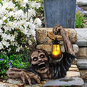 VEMART Costume Props, Zombie Gnome Garden Statues Solar Lights The Zombie with Solar Led Lantern Resin Horror Movie Garden Gnomes Statue Halloween