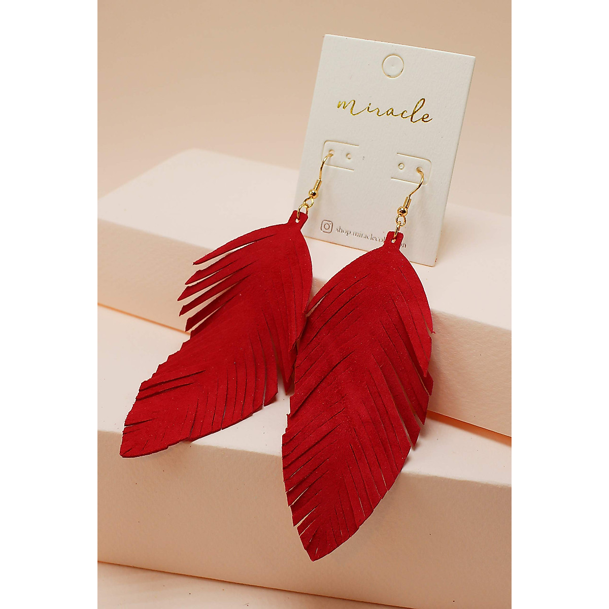 Large Genuine Soft Leather Handmade Fringe Feather Lightweight Tear Drop Dangle Color Earrings for Women Fashion (Red)