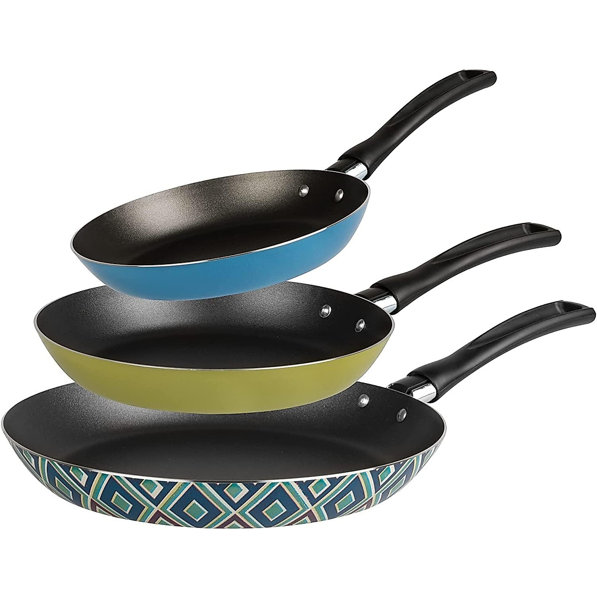 Ekco 3-Piece Frying Pan Set (7.1, 7.9 & 9.4 IN) For all Stovetops, Dishwasher Safe - Lightweight Aluminum Skillets, Non-Stick & Riveted Bakelite Handle (Photopaint Blue & Green) PFOA & PTFE Free
