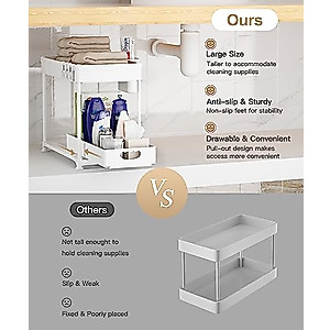 MERRYBOX Under Sink Organizers and Storage, Sliding Under Bathroom Cabinet Organizer, 2 Tier Kitchen Under Sink Organizer Pull Out Drawer with 4 Hooks, 1 Hanging Cup, 4 Non-Slip Feet, White, 1 Pack