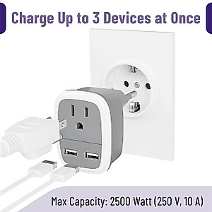 Bates- European Travel Plug Adapter, Adapter with USB, European Plug Adapter, US to Europe Plug Adapter, Converters and Adapters for Travel, Outlet Converter, Power Adapter Europe, Adapters for Europe