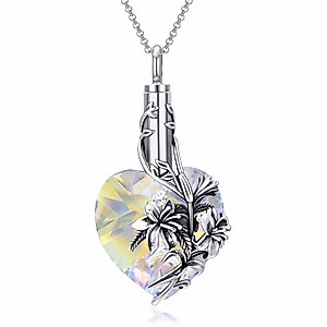 TOUPOP Lily Urn Necklace Heart Cremation Jewelry for Ashes 925 Sterling Silver Flower Pendant Necklaces with Crystal w/Funnel Filler Memorial Keepsakes Jewelry Gifts for Women Girls