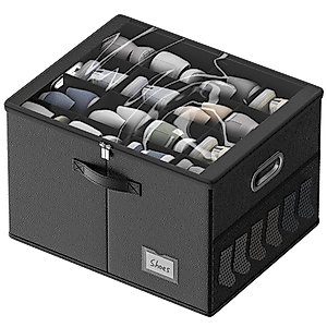 Shoe Organizer for Closet,Fits 16 Pairs,Leather Fabric Shoe Storage Bins with Clear Cover,Shoe Box Storage Containers,Adjustable Dividers for Storage with 4 Handles (Black, (19.7 * 15.7 * 13) x1)