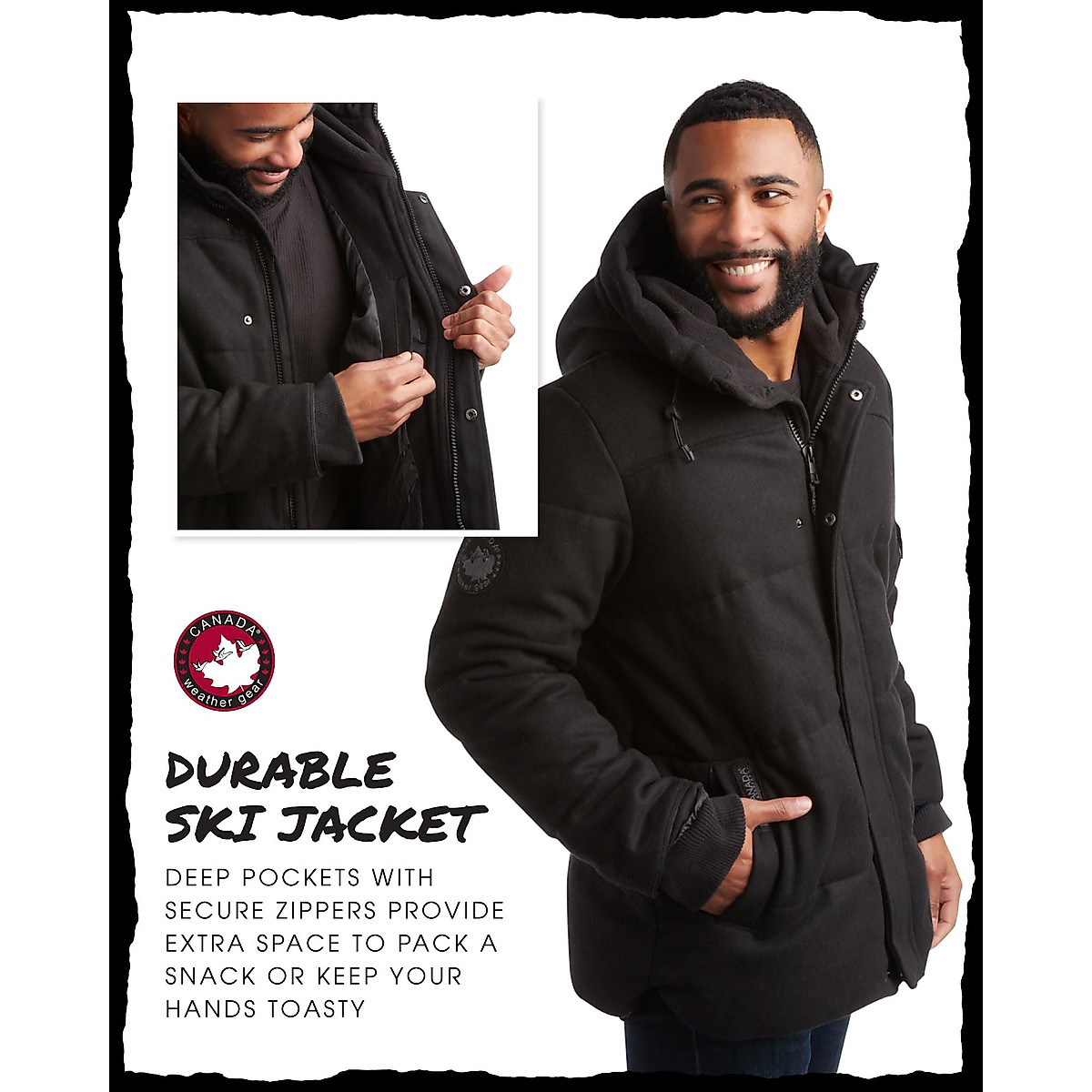 CANADA WEATHER GEAR Men's Wool Puffer Jacket Coat - Heavyweight Quilted Insulated Outerwear Parka (M-XXL), Size Large, Black