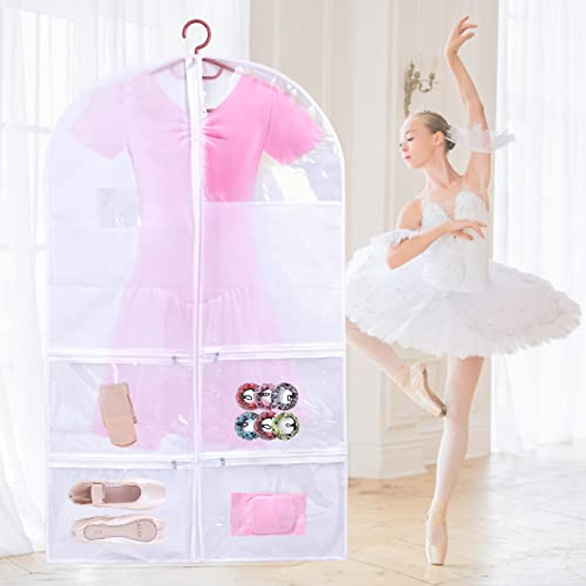 Kids Garment Bags for Dance Costumes, Hanging Dance Garment Bag with Multiple Pockets, Clear Storage Bags Organize Girls Dance Competitions Dress, Dance Recitals, Ballet Costume, Beauty Pageants, 3Pcs