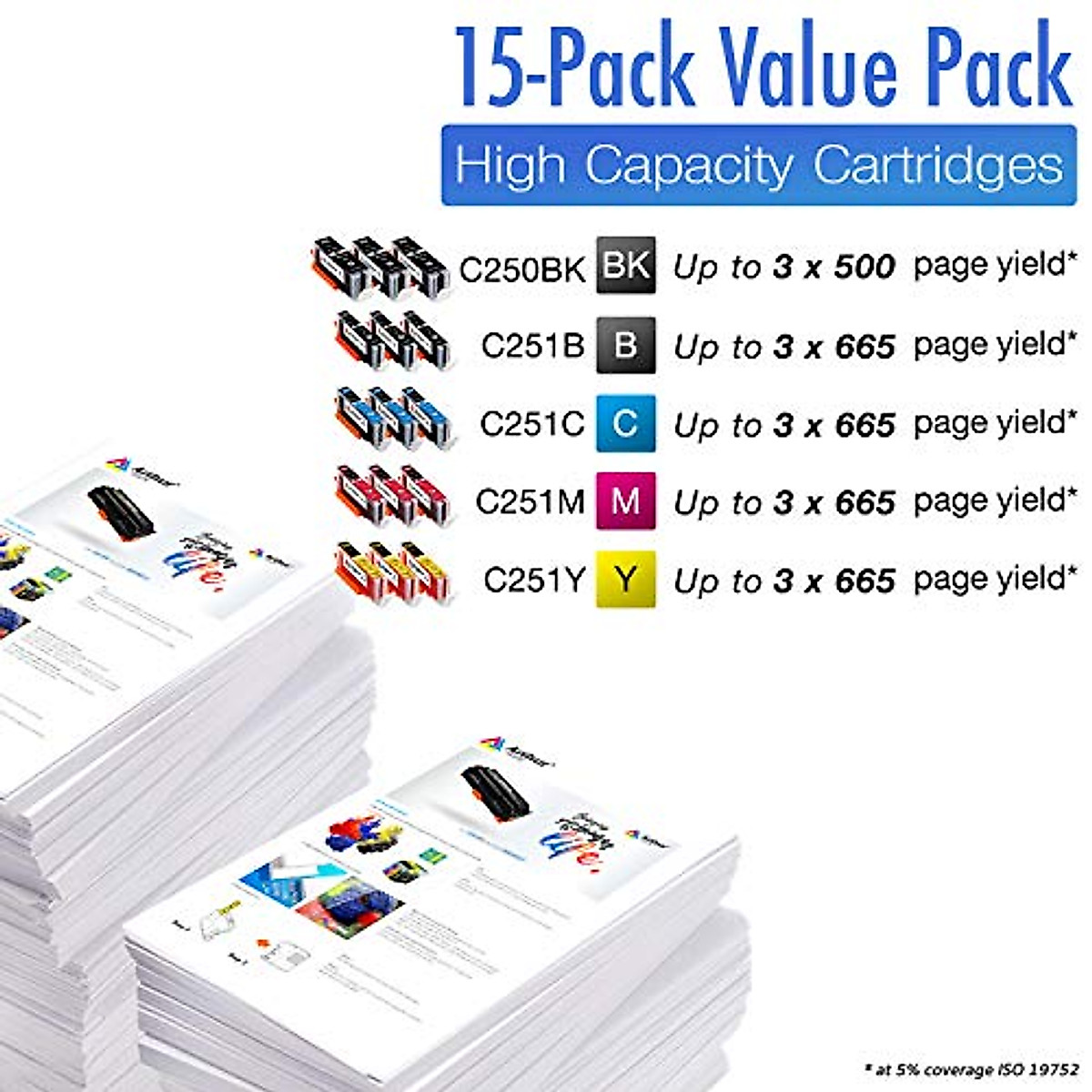 Arthur Imaging Compatible Ink Cartridge Replacement for 250XL 251XL (3 Large Black, 3 Small Black, 3 Cyan, 3 Yellow, 3 Magenta, 15-Pack)