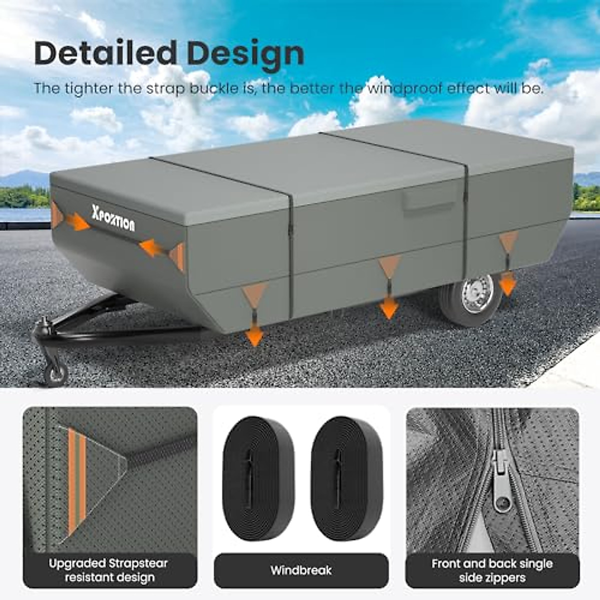 XPORTION Pop Up Trailer Cover,100% Waterproof Folding Trailer Cover 900D Throughout Pop up Camper RV Cover with 7 PCS Reinforced Windproof Straps,Fit14'-16'