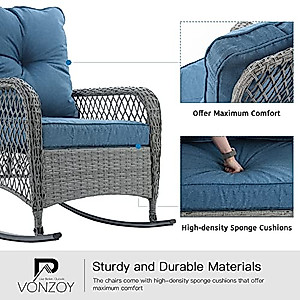 VONZOY Outdoor Rocking Chair, Wicker Patio Furniture with Thickened Cushions for Porch (Blue)