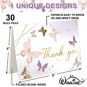 Whaline 30 Pack Butterfly Thank You Cards Gold Foil Purple Greeting Cards with Envelopes Stickers Lavender Blank Note Cards for Party Invitation Supplies, 4 x 6 Inch