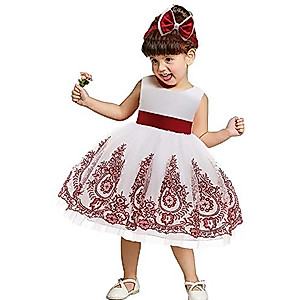 AVAZU 0-6T Easter Big Bowknot Pageant Lace Embroidery Dress Toddler Baby Girls Party Ball Gown Dress Tutu Gown Formal Dresses with Headwear Red+White 70