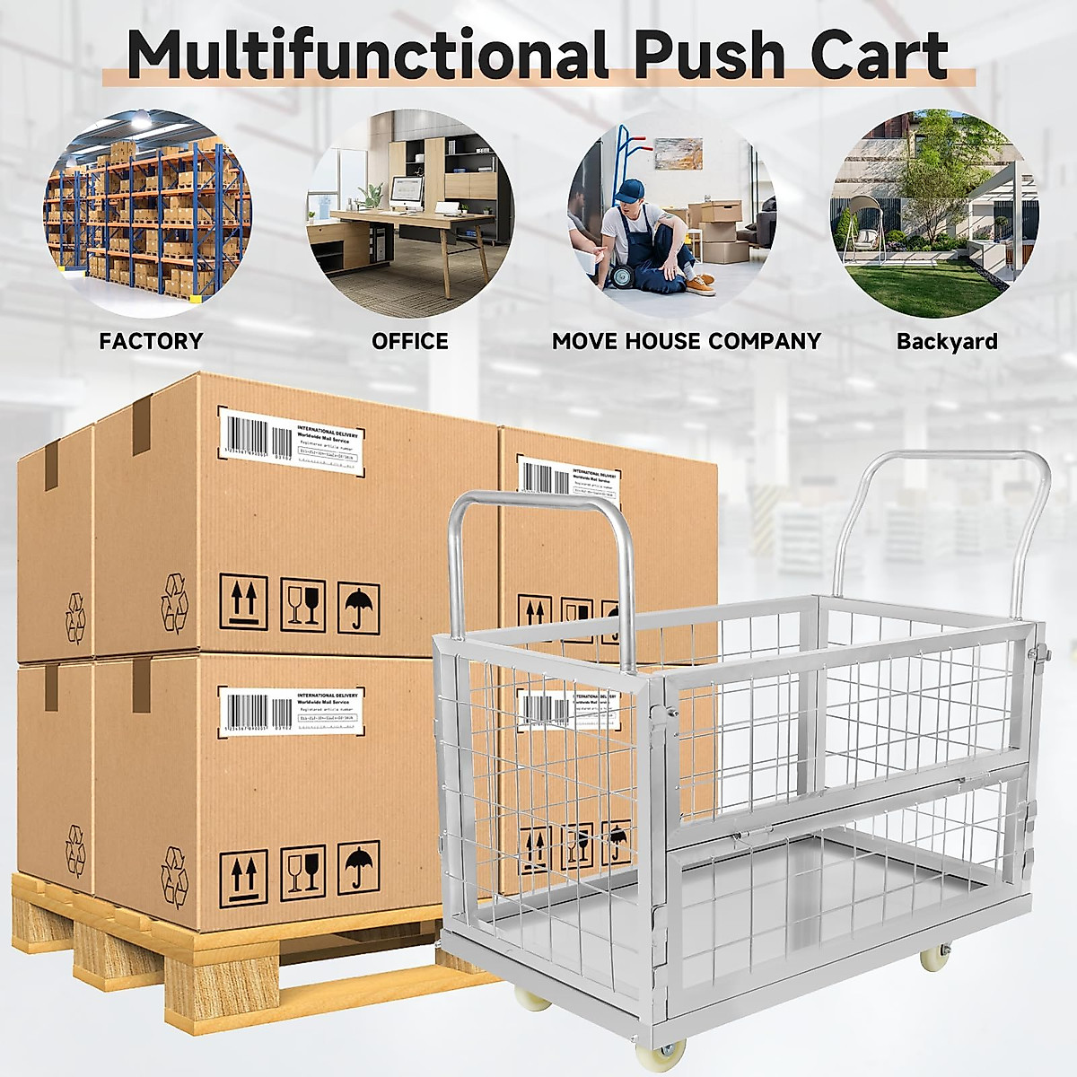 Platform Truck Cart with Cage,5IN1 Multi-Functional Cage Cart,Heavy Duty Flatbed Cart Load 2500LBS,40"×24" Push Cart for Laundry,Grocery, Storage