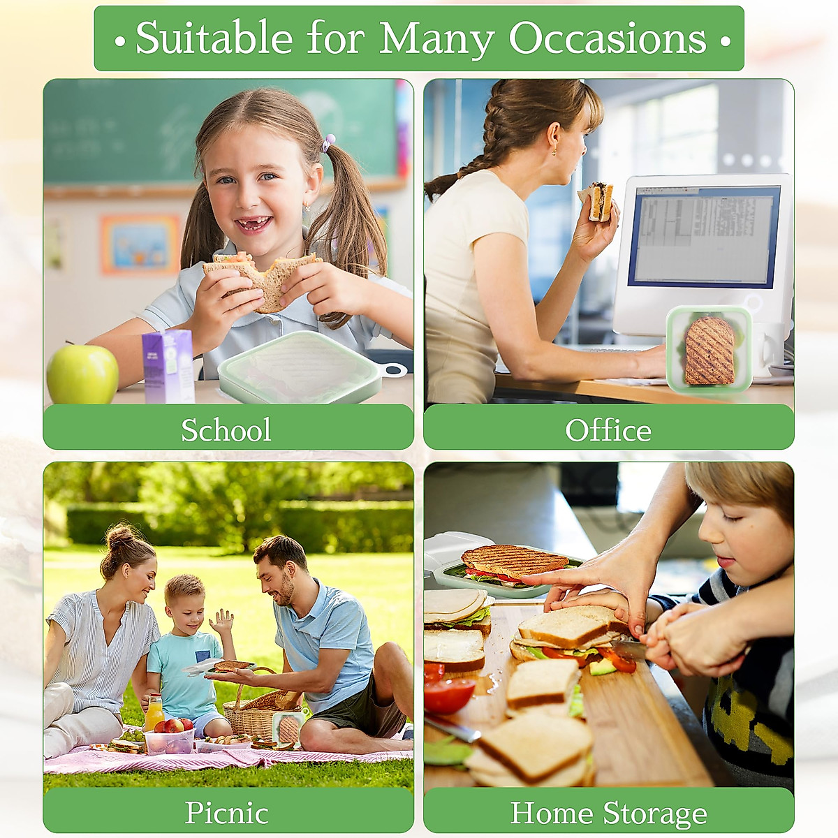 Anjing Silicone Sandwich Container for Lunch Boxes, 2 Pcs Food Storage Containers with Lids, Meal Prep Reusable Bag BPA Free Bento Box Microwave, Freezer & Dishwasher Safe