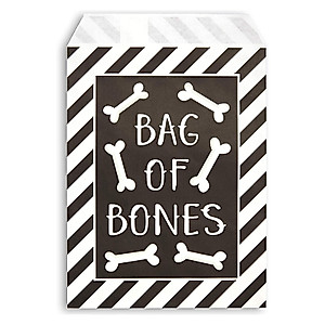 BLUE PANDA 100 Pack Halloween Paper Bags, Small Paper Halloween Treat Bags, Bulk Goody Bags for Candy, and Favors, 4 Designs, Vampire Teeth, Witch Broomsticks, Bag of Bones, Spider Eggs (8 x 5 In)