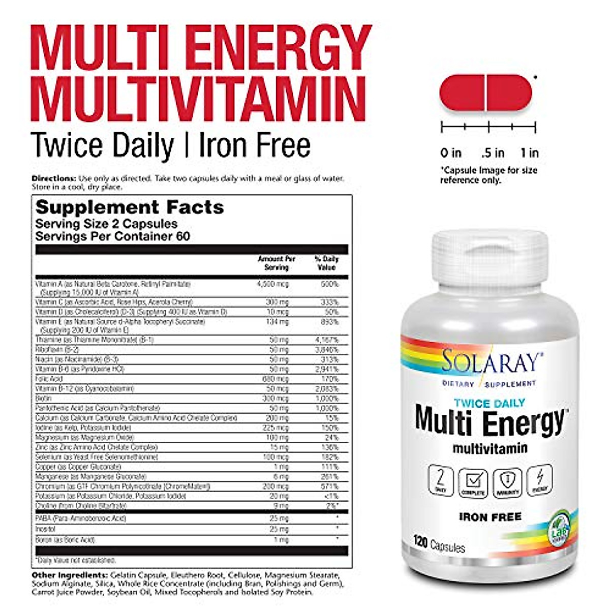 SOLARAY Twice Daily Multi Energy, Iron Free | Complete Multivitamin for Immune & Energy Support (60 Serv, 120 CT)