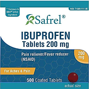 Safrel Ibuprofen Tablets 200 mg (NSAID), 500 Count, Pain Reliever/Fever Reducer | Toothache, Headache, Muscle Aches, Menstrual Cramps, Back & Arthritis Pain Relief | Value Pack