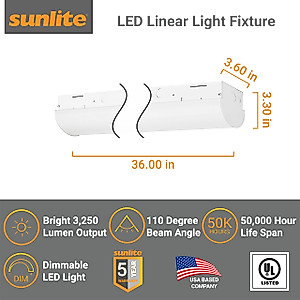 Sunlite 85474 3-Foot LED Linear Strip Light Fixture, 20 Watts, 120-277 Volts, Dimmable, 50,000 Hour Life Span, 3500K Neutral White, 82 CRI, Surface Mount, Steel Body, UL & DLC Listed