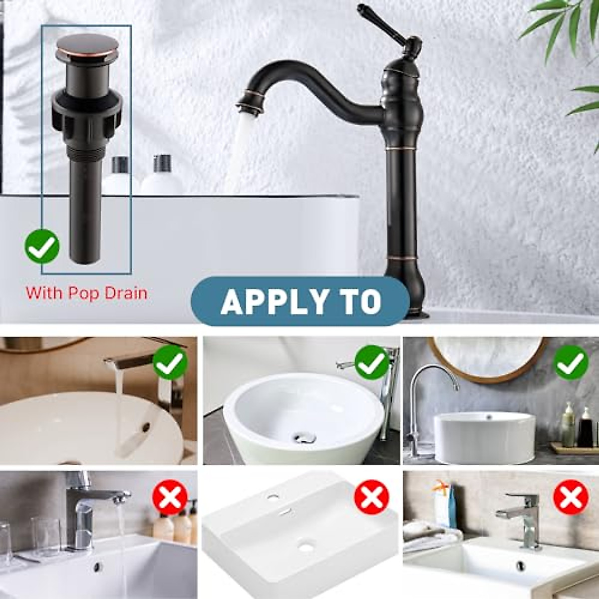 Solepearl Vessel Sink Faucet Oil Rubbed Bronze, 360° Swivel Bathroom Sink Faucet with Pop Up Drain, Countertop 7.87" Tall Spout Single Handle Lavatory Vanity Mixer Tap, Single Hole Deck Mount
