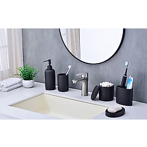 Rzoeox Bathroom Accessories Set Matte Black 5 Pcs, Resin Bathroom Sets Accessories Modern with Soap Dispenser, Cotton Swab Canister, Toothbrush Holder, Toothbrush Cup,Soap Dish (Matte Black)