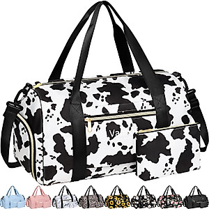 Vankor Gym Bag for Women with Shoe Compartment, Waterproof Sports Duffle Bag, Medium-17.5 Inch, Cow Print
