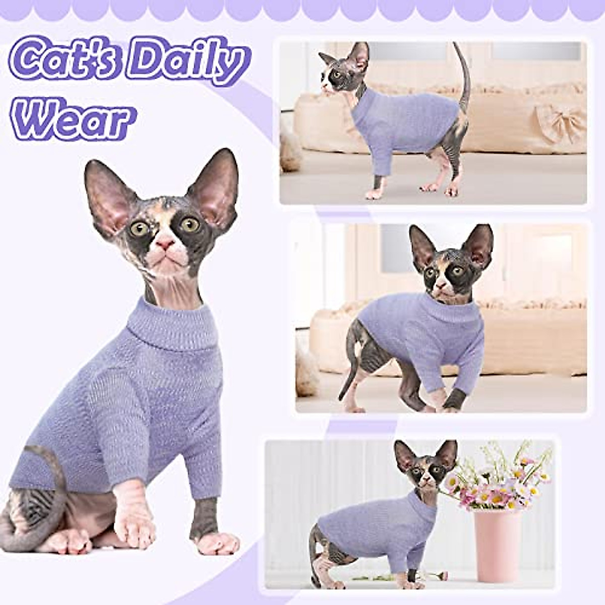 DENTRUN Sphynx Hairless Cats Shirt Pullover Kitten T-Shirts, Breathable Cat Wear Turtleneck Sweater Adorable Cat's Clothes Vest Pajamas Jumpsuit