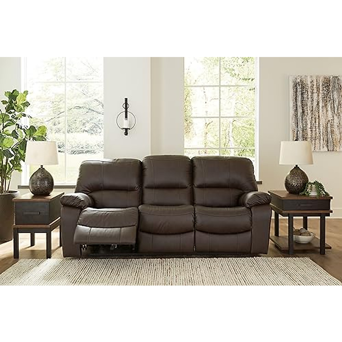 Signature Design by Ashley Leesworth Modern Leather Match Power Reclining Sofa with USB Ports, Dark Brown