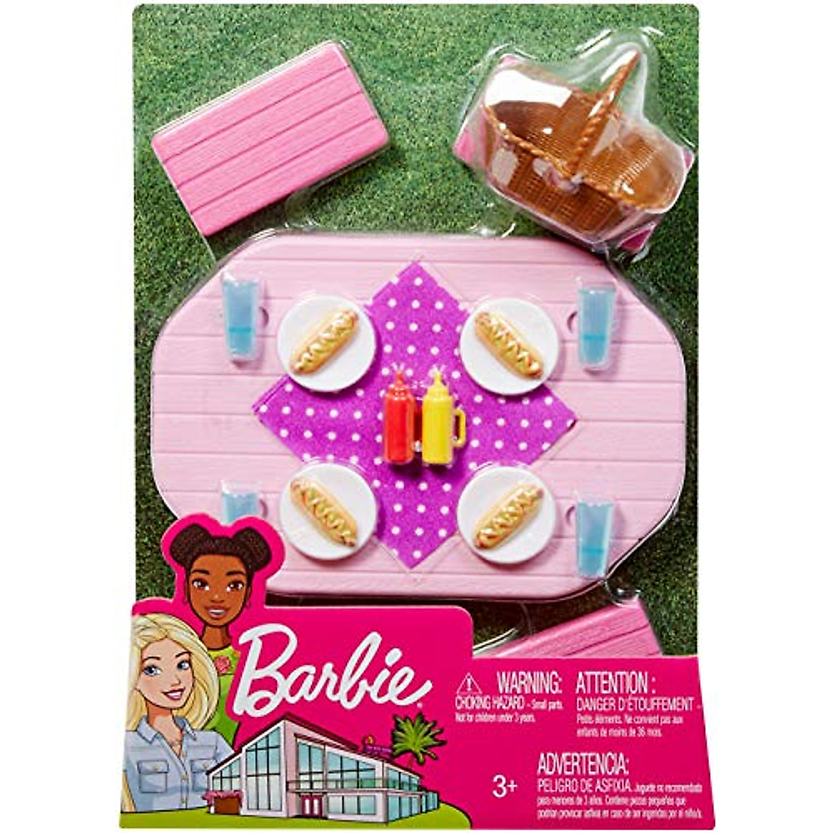 Barbie Outdoor Furniture, Pink Picnic Table with Adjustable Seats and Hot Dog Picnic for 4
