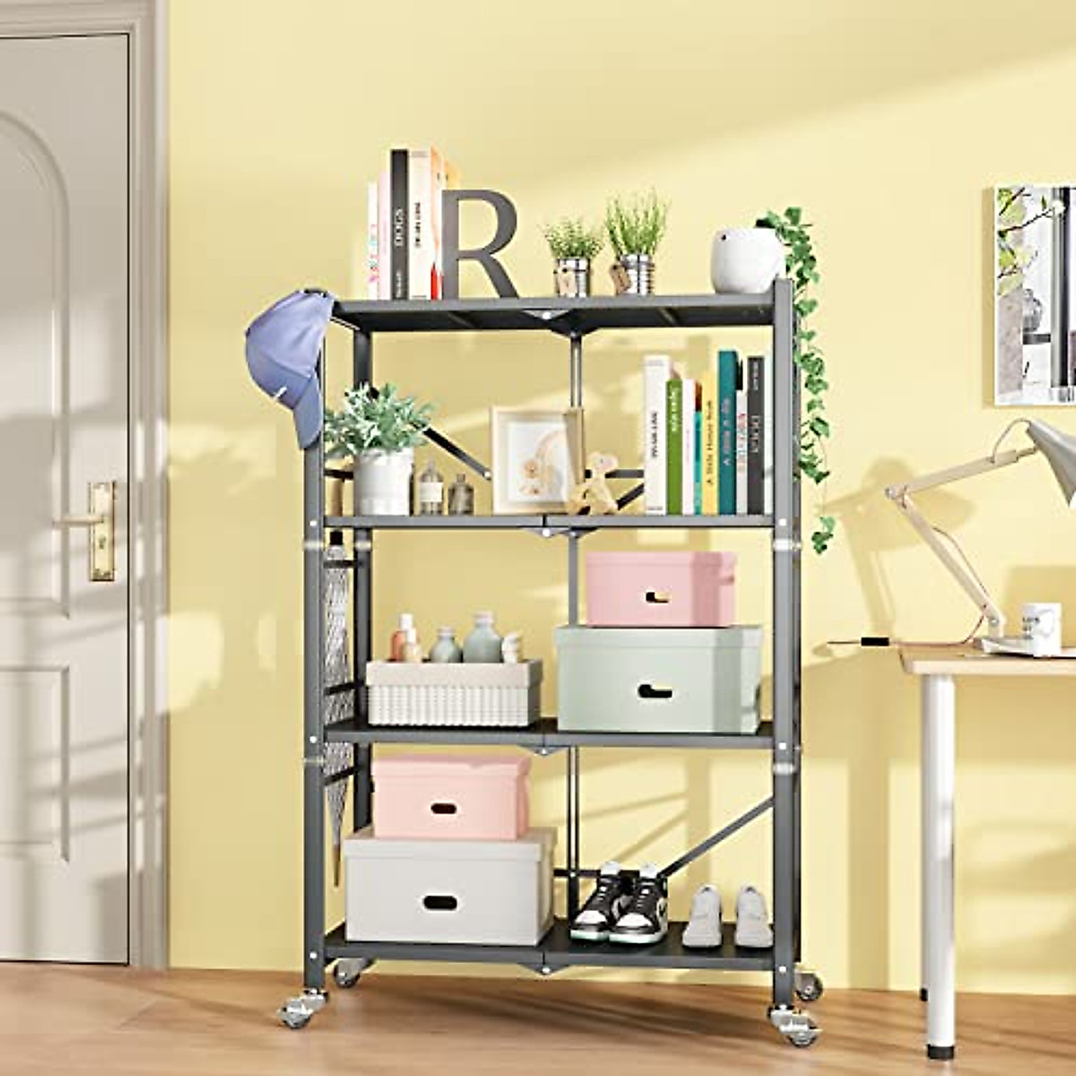 4-tier Storage Shelves for Storage,foldable Collapsible Metal Shelving with Rotational Wheels, Standing Storage Unit Utility Shelf Racks Rolling Cart for Laundry Bathroom Kitchen Pantry Closet, Grey