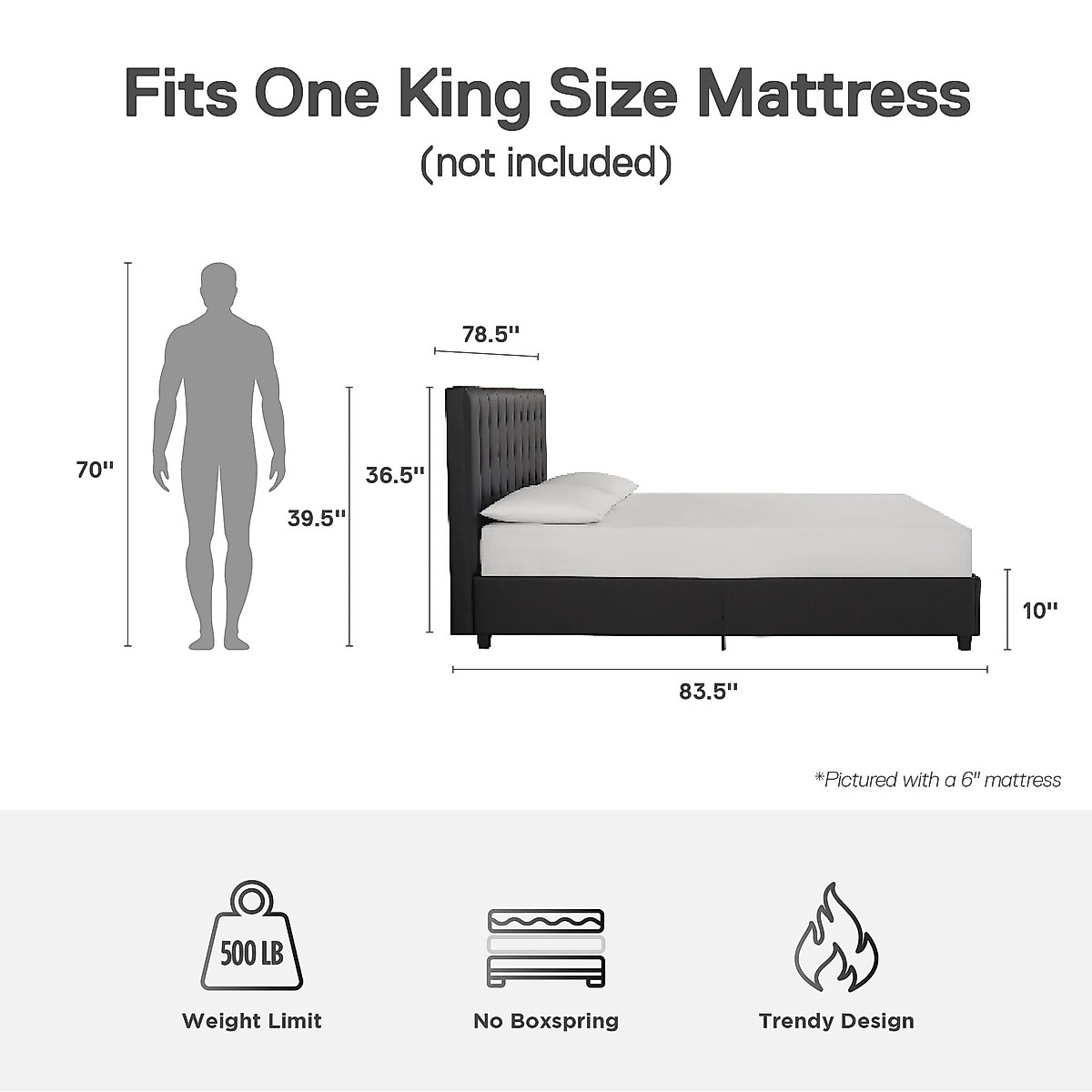 DHP Emily Upholstered Platform Bed with Modern Vertical Tufted Headboard, No Box Spring Needed, King, Black Faux Leather