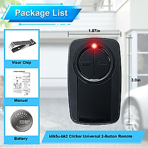 [3 Pack] klik5u-bk2 klik3u-bk clicker Universal 2-Button Remote for Chamberlain LiftMaster Craftsman Garage Door Opener. Wireless Keyless for Red/Orange/Purple/Green/Yellow Learn Button/Dip Switch