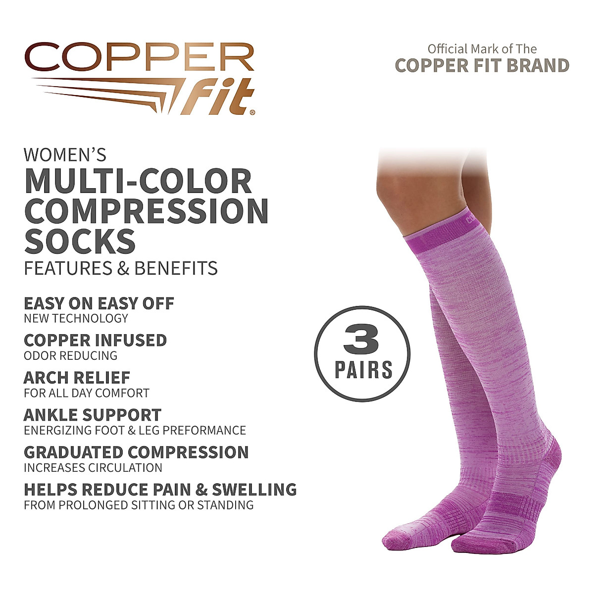 Copper Fit womens Knee High Compression Socks, Assorted Colors, Small-Medium US