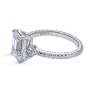BERRICLE Sterling Silver 3-Stone Wedding Engagement Rings Emerald Cut Cubic Zirconia CZ Woven Ring for Women, Rhodium Plated Size 6