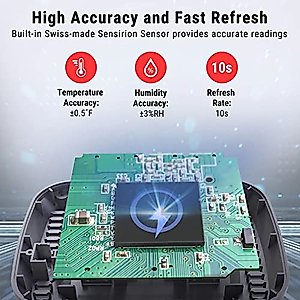 ThermoPro TP393 Hygrometer Indoor Thermometer for Home, Bluetooth Hygrometer Thermometer Range to 260FT via Smart App, Rechargeable Humidity Meter Room Thermometer and Clock with Large Size, Backlit