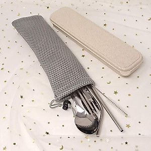 HONBAY 1PCS Portable Wheat Straw Tableware Storage Box Organizer Case and 1PCS Drawstring Net Bag for Travel Camping (Storage box L)