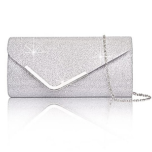 Larcenciel Silver Clutch Purses for Women, Shiny Sequin Envelope Clutch Evening Bag w/Chain, Fashion Shoulder Crossbody Handbags, Sparkly Party Prom Purse Bride Wedding Guest Clutch Dress Carry on Bag