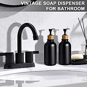 MIERTING Black Bathroom Accessories Set 5 Pcs, Matte Black Bathroom Accessory Sets, Soap Dispenser and Toothbrush Holder Set, Qtip & Cotton Ball Holder with Bamboo Lids, Boho, Modern Bathroom Decor