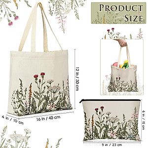 Sadnyy 2 Pcs Canvas Tote Bags Cute Aesthetic Floral Makeup Bags with Metal Zipper for Women Teacher Christmas Gift Shopping (Wildflower)