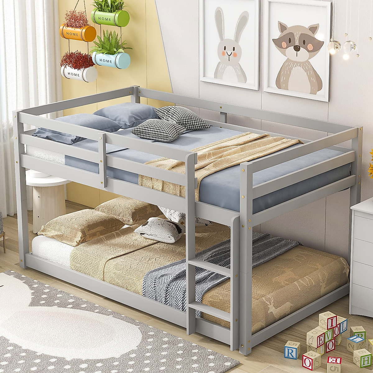 GEEVIVO Bunk Bed Twin Over Twin, Twin Size Floor Bunk Beds Frame with Ladder and Full Length Guardrail, Low Profile Wood Bunkbed for Kids, Boys, Girls, Literas para NiñOs, No Box Spring Needed (Gray)