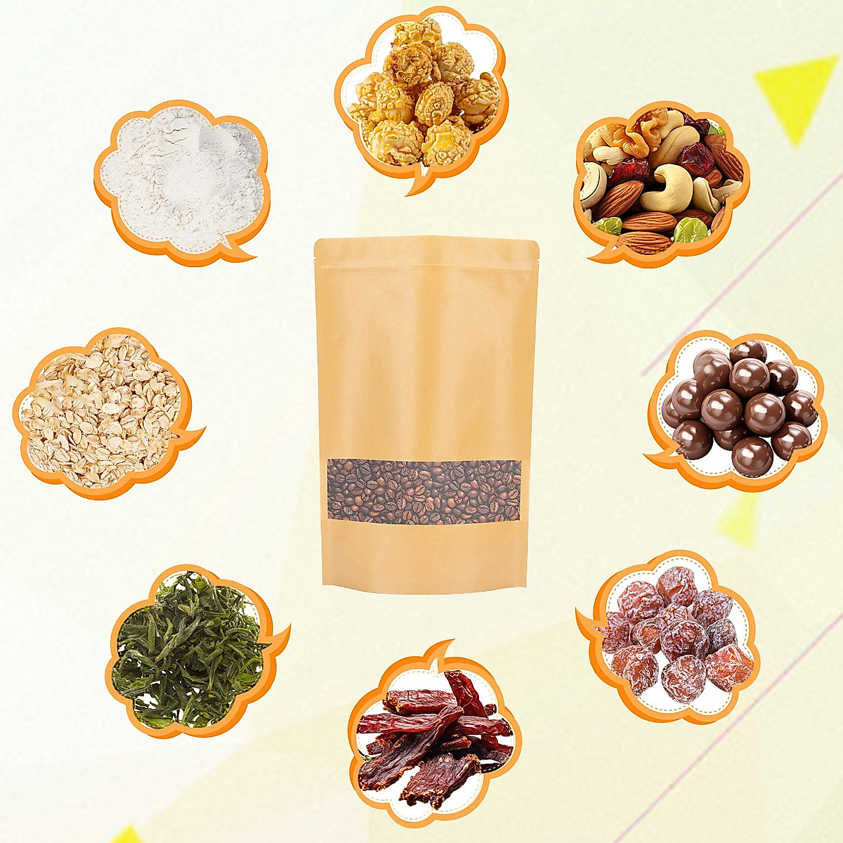 mortd 50Pcs Kraft Paper Sealable Bags with Window, Resealable Food Storage Pouch Stand Up Bags, Reusable Zip Lock Food Storage Bags Seal Paper Bag for Home Kitchen Packaging Products