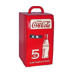 Coca-Cola Retro 18 Can Mini Fridge w/ 12V DC and 110V AC Cords, 22L (23 qt), Portable Cooler, Red, Travel Fridge for Drinks, Snacks, Lunch, Home, Office, Dorm Room, RV