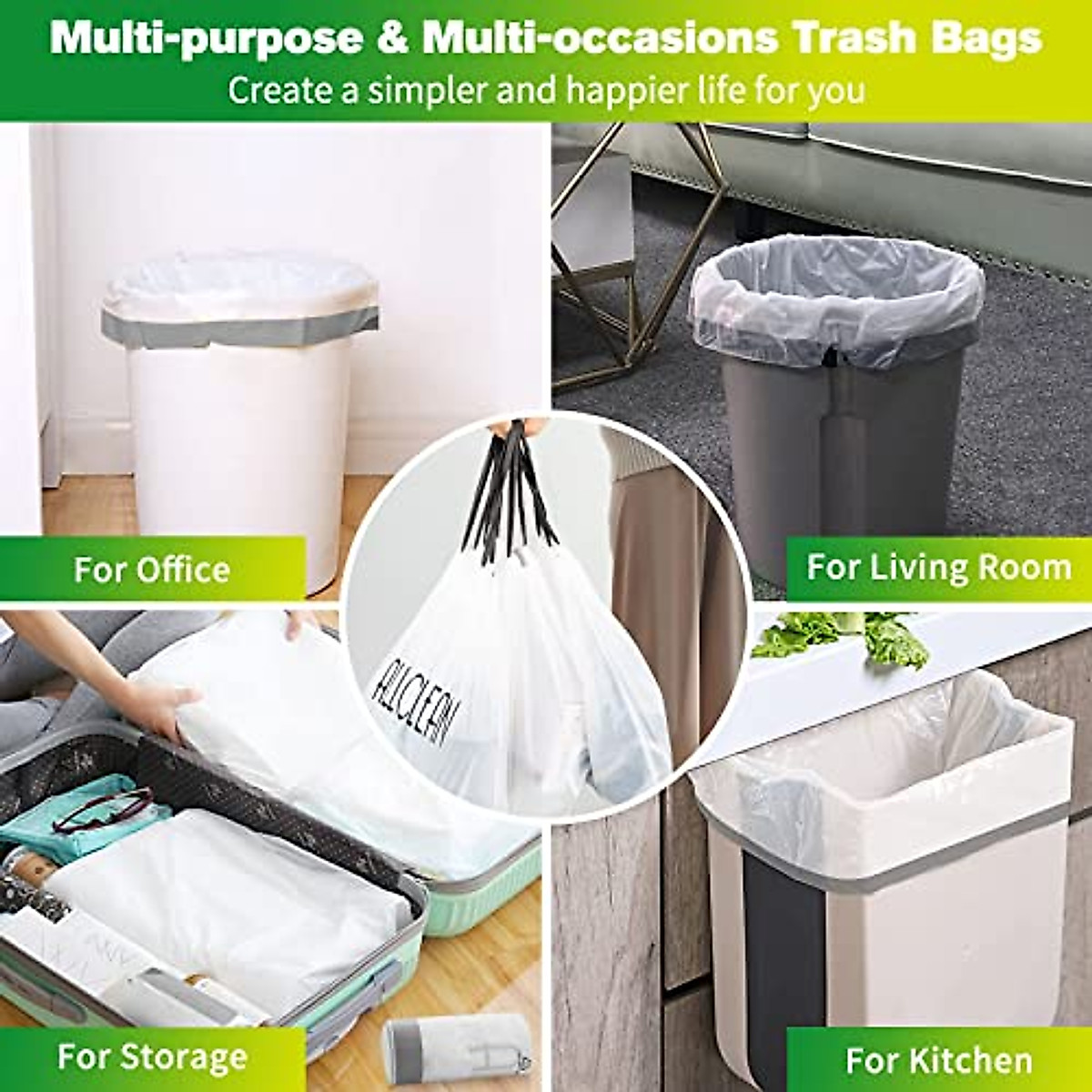 Trash Bags Small 2 to 4 Gallons Drawstring with Handles, Small Kitchen Garbage Bags White Drawstring Wastebasket Ultra Strong Bags, Clear Simple Trash Bags for Bathroom, Bedroom Office 15L(90 Counts)