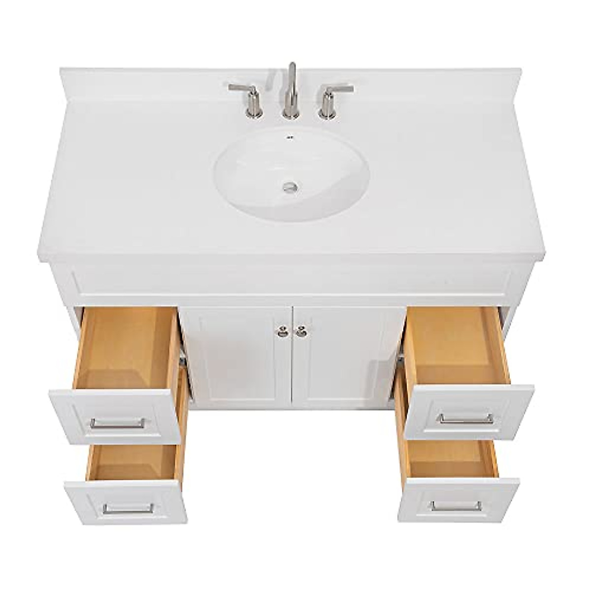 ARIEL 49" White Bathroom Vanity with 1.5" Edge Pure White Quartz Countertop & Splash, Rectangular Sink, 2 Soft Closing Doors, 4 Full Extension Dovetail Drawers, Built in Toe Kick, Brushed Nickel