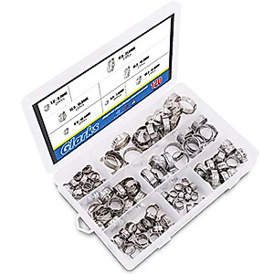 Glarks 120Pcs 7-21mm 304 Stainless Steel Single Ear Hose Clamps Assortment Kit