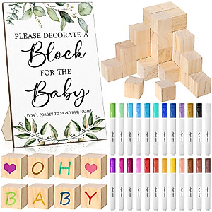 Tatuo 75 Pcs Baby Shower Decorate a Block Games Kit Including Decorate a Block Game Sign 50 DIY Wooden Block 24 Acrylic Paint Marker Baby Shower Prize for Game Gender Reveal(Greenery,Fresh Color)