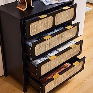 QEIUZON 4 Drawer Dresser, Modern Rattan Dresser Chest with Wide Drawers and Metal Handles, Farmhouse Wood Storage Chest of Drawers for Bedroom, Living Room, Hallway, Entryway (Black-4 Drawers-2 Packs)