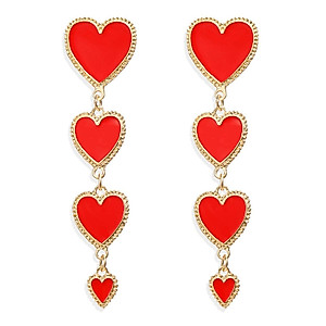 D.Rosse Chic Enamel Interlocking Heart Dangle Earrings Vintage Unique Huge Red Heart Statement Earrings with 4 Hearts for Women Jewelry Valentine Gift (Red)
