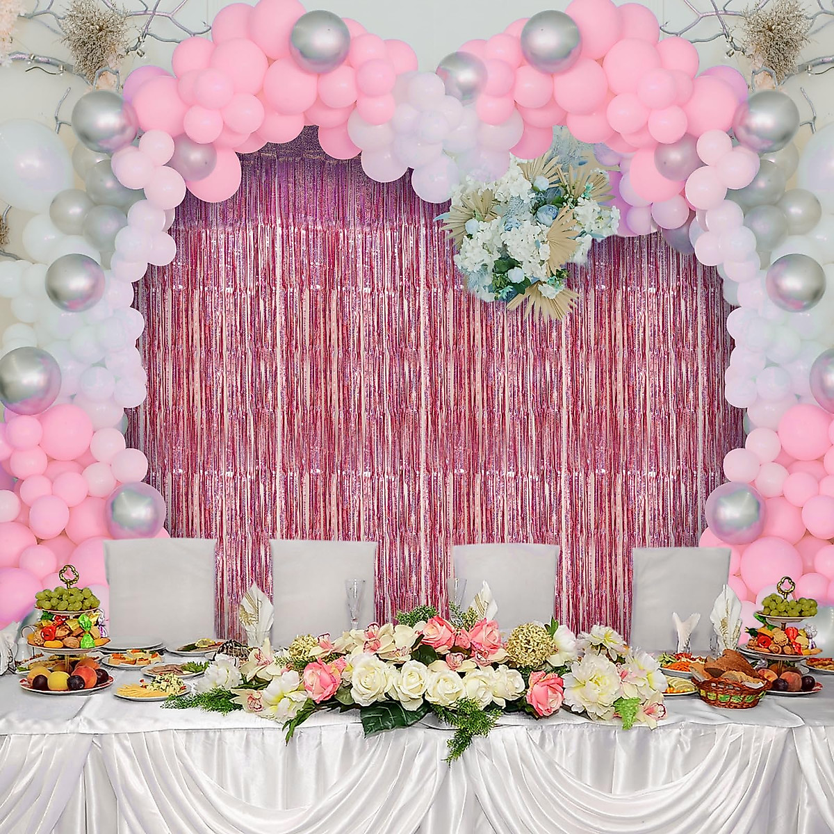 Accevo Pink Party Streamers 3Pack Glitter Foil Fringe Curtain 3.2ft x 8.2ft Pink Party Decor Photo Booth Streamers Metallic Tinsel Door Streamer for Valentines Day Decorations Christening Party Decor
